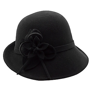 Bellady Women's Elegant Flower Wool Cloche Bucket Bowler Hat, Black