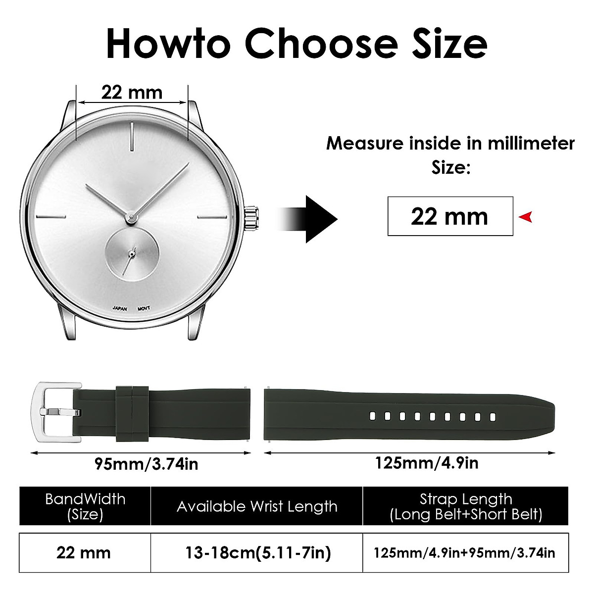 Bewudy Quick Release Watch Band, Soft Silicone Watch-Bands Strap, Silver Stainless Steel Buckle, Replacement Band Width 20mm 22mm for Men (22 mm, Green)