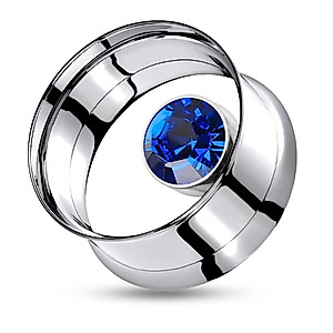 PiercingPoint 1 Piece of 00 Gauge - 10mm Blue Sapphire Bezel Set Crystal Stone on Sugical Steel Internally Threaded Ear Gauge Flesh Tunnel