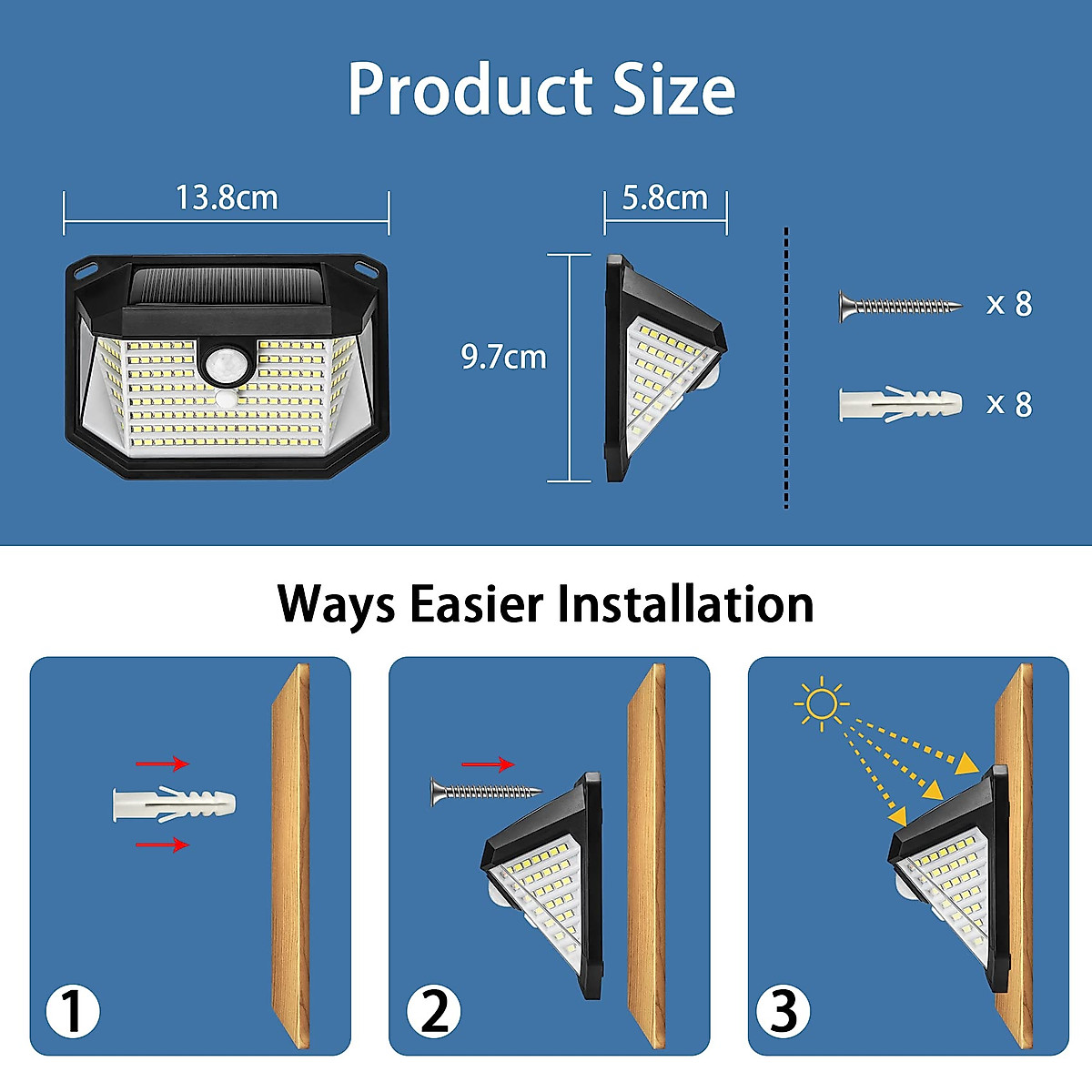 LSTBMPP Solar Lights Outdoor, [178 LED/4 Pack] Solar Motion Lights, 3 Working Modes Solar Powered Lights with 270°Wide Angle IP65 Waterproof Solar Security Wall Lights for Garden Patio Yard