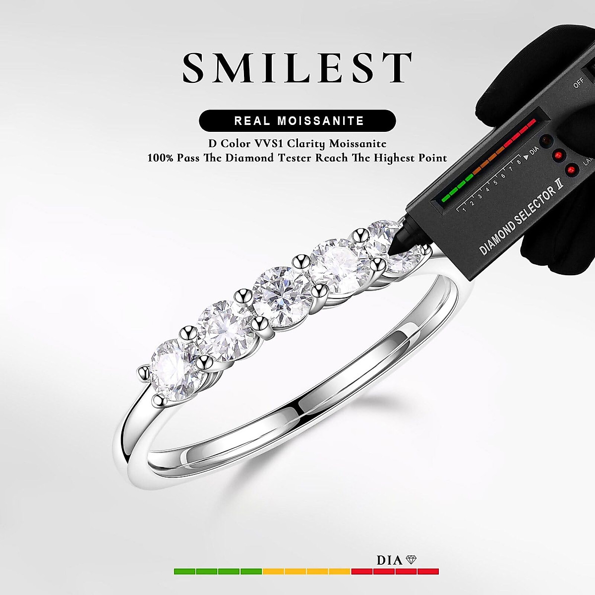 SMILEST 5 Stone Moissanite Wedding Band for Women, D Color VVS1 Clarity Lab Created Diamond Eternity Rings 18K White Gold Plated 925 Sterling Silver Round Cut Moissanite Anniversary Rings for Women