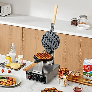 VEVOR Commercial Bubble Waffle Maker, 1400W Egg Pancake Baker Machine, Non-Stick Stainless Steel Egg Bubble Puff, 180° Rotatable, Temp and Time Control, Wooden Handle, for Restaurant Bakery Snack Bar