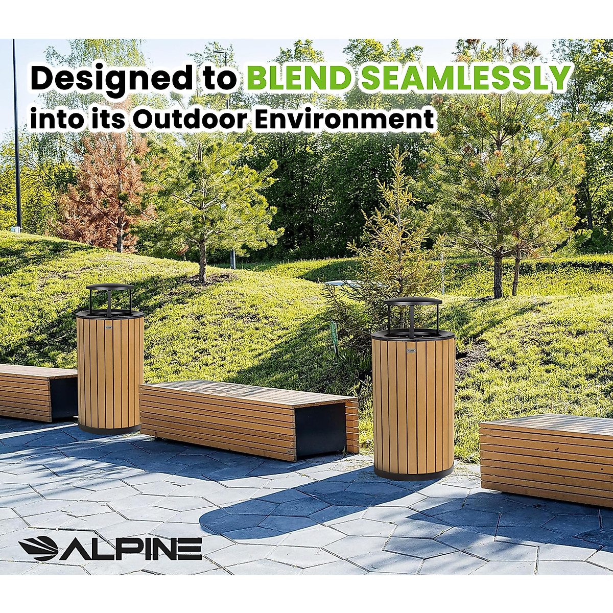 Alpine 32 Gallon Commercial Outdoor Trash Can - Heavy Duty Garbage Can Outdoor, Industrial Trash Can with Plastic Panels for Patio, Parks, Trails & Resorts (Rain Bonnet Lid - Cedar)