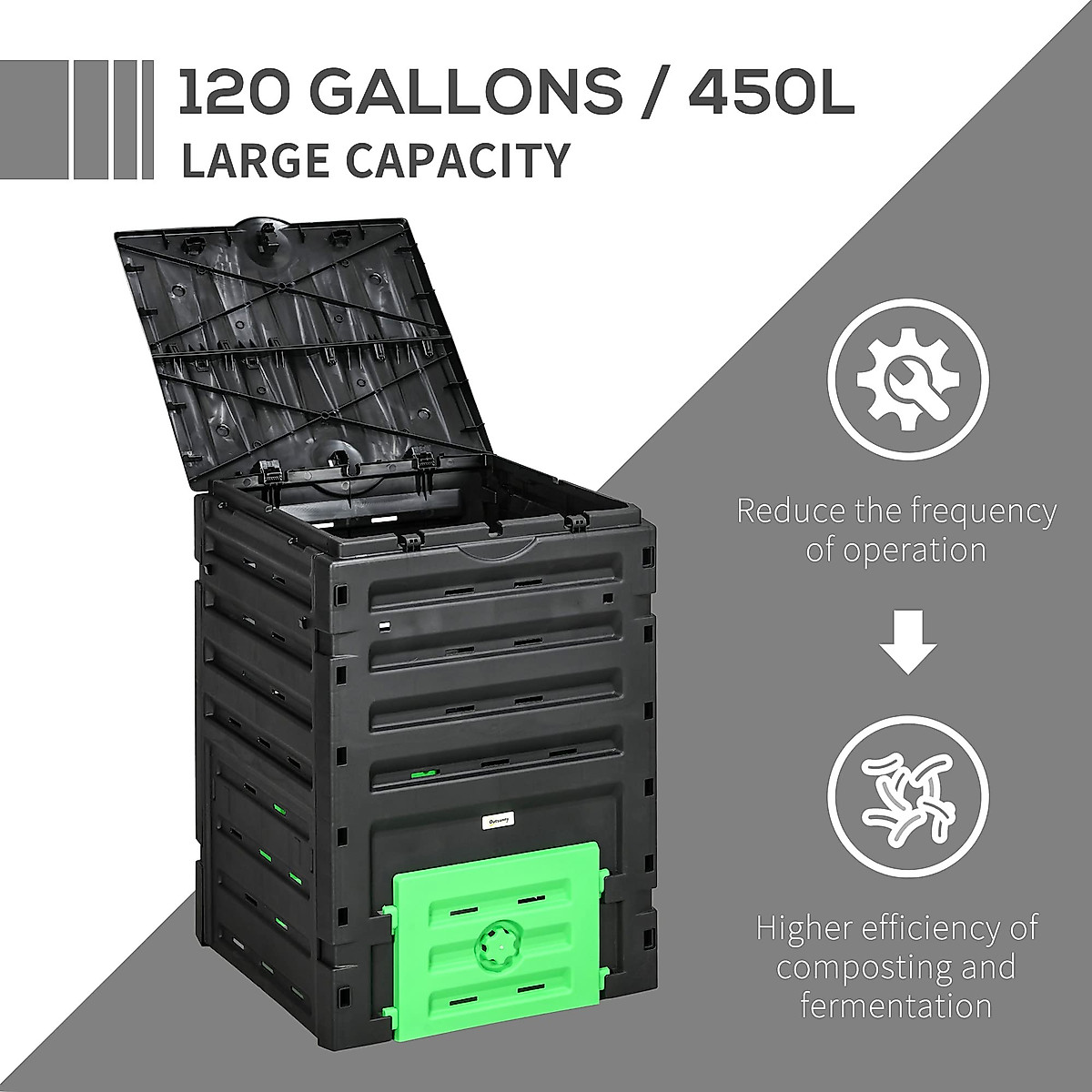 Outsunny Garden Compost Bin, 120 Gallon (450L) Garden Composter, BPA Free, with 80 Vents and 2 Sliding Doors, Lightweight & Sturdy, Fast Creation of Fertile Soil, Black