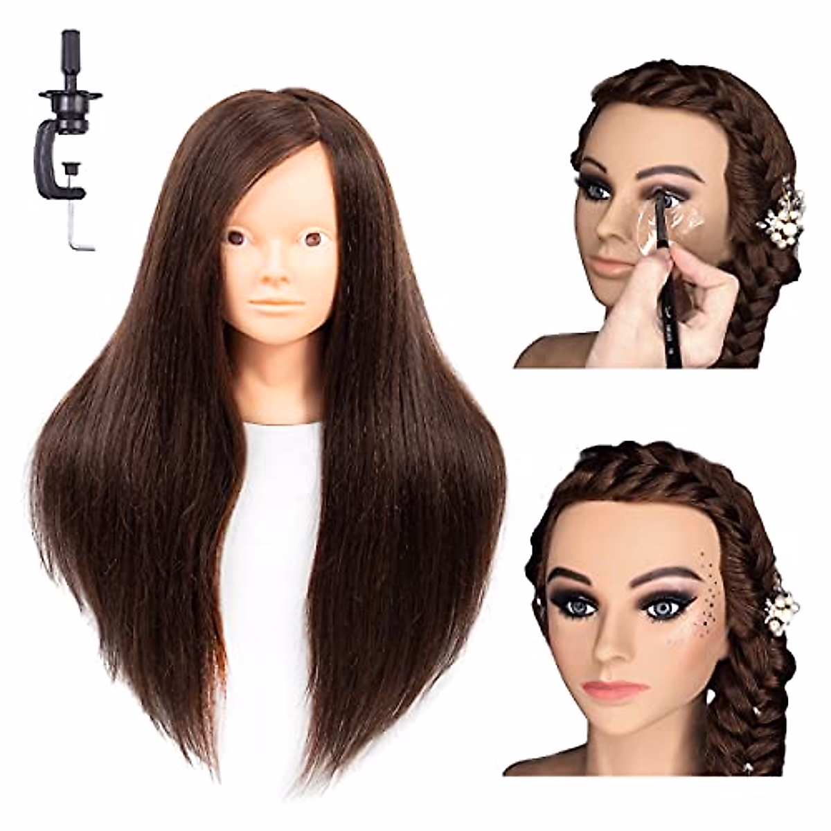NAYOO Long Hair Mannequin Head With Real Hair 60% Training Head Hairdresser Practice Styling Manikin Head Cosmetology Doll Head Straight Hair with 7 Tools and Stable Clamp Stand (26inch No makeup, 4#)