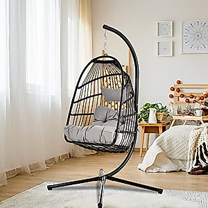 Patio Foldable Swing Chair with Cushion, PE Wicker Egg Hanging Chair w/Stand, Hammock Chair for Outdoor Balcony Indoor Bedroom (Black+Gray-2)