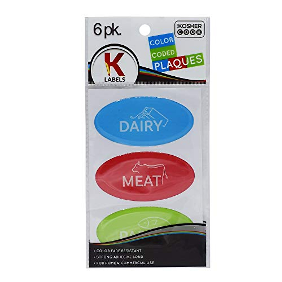 6 Kosher Plaques and Labels – 2 Blue Dairy, 2 Red Meat, 2 Green Parve - Self Adhesive, Color Fade Resistant – Color Coded Kitchen Stickers by The Kosher Cook
