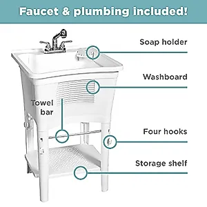 Zenna Home Premium Utility Sink with Pull-Out Faucet: Laundry Tub for Basement, Garage or Wash Room, White