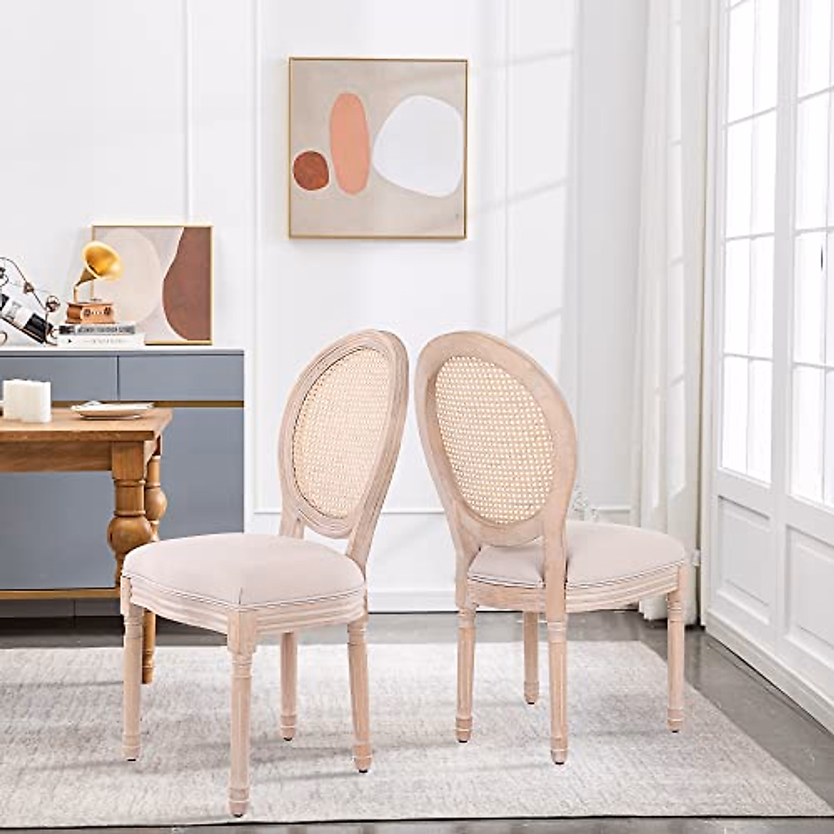 Henf French Country Dining Chairs Set of 2,Vintage Dining Chairs with Solid Wood Frame,Side Chairs Farmhouse Dining Chairs for Kitchen,Restaurant,Upholstered Dining Room Chair (Beige, Round Back)