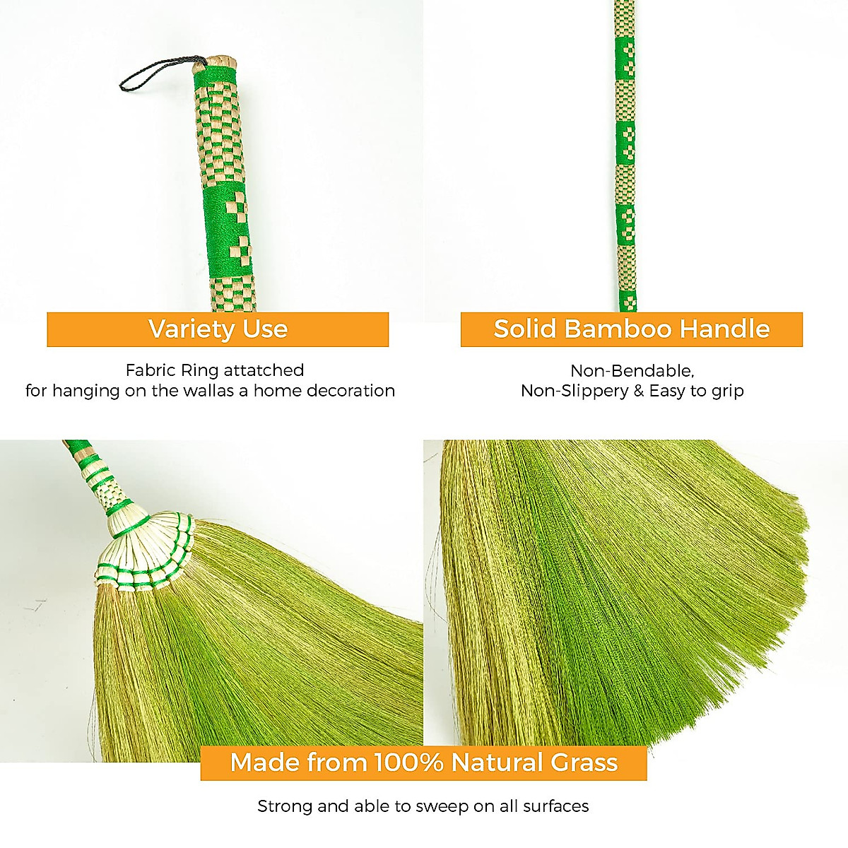 SN SKENNOVA Asian Broom -Beautiful Handmade Retro Grass Broom with Traditional Thai Embroidery On 24" Bamboo Handle, Thick & Sturdy for Unique Wall Decor & Cleaning.