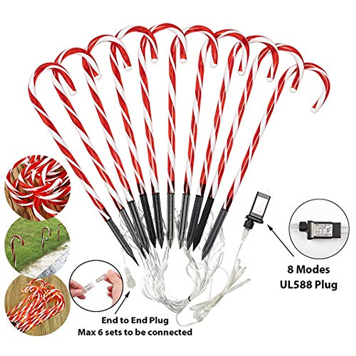 10 Pack 21in Candy Cane Pathway Lights (with Stakes) Outdoor Markers Christmas Decorations Lights with 8 Lighting Modes, for Xmas Holiday Party Walkway Patio Garden Decor