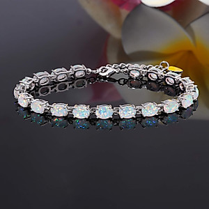 CiNily Oval Shape Tennis White Opal Bracelet for Women Ladies Adjustable Opal Jewelry Rhodium Plated Teen Girls Gemstone Bracelet 8.5"