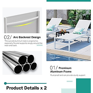 SUNLEI Lounge Chair for Outside Set of 2, Movable Chaise Lounge Outdoor, Pool Recliner Lounge Chairs with Adjustable Backrest & Textilene, Sturdy Aluminum Frame, Tanning Chair for Patio, White