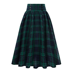 Women Fashion Casual Plaid Skirt Vintage A Line Skirts Vintage Athletic Skirt Plaid High Waist Plus Size Midi Pleated Skirt Green