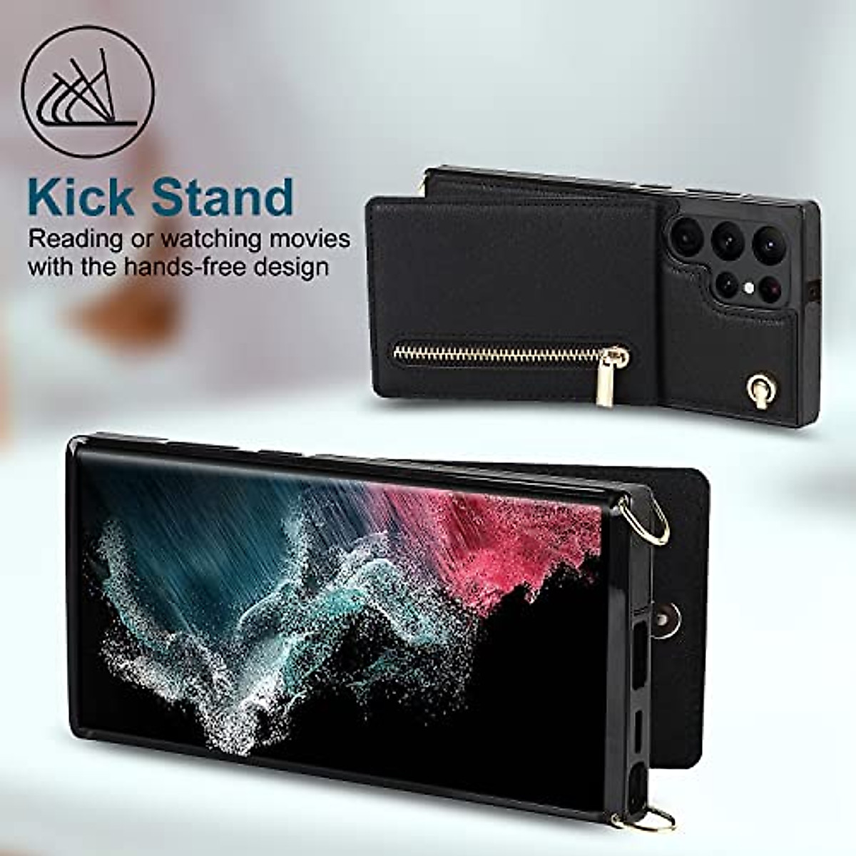 DEFBSC Wallet Case for Samsung Galaxy S22 Ultra,PU Lanyard Neck Strap Case with Kickstand Zipper Wallet Card Holder, Adjustable Detachable Necklace Phone Protective Back Cover-Black