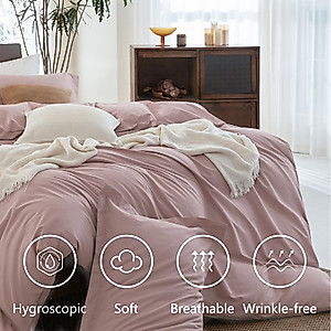 MADELUO Duvet Cover, 100% Cotton Washed Duvet Cover, Linen-Like Duvet Cover Set for All Season-3 Pieces, Greyish Pink, Queen