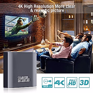 HDMI Splitter 1 in 2 Out - 4K Aluminum Ver1.4 HDCP, Powered HDMI Splitter Supports 3D 4K@30HZ Full HD1080P for Xbox PS4 PS3 Fire Stick Roku Blu-Ray Player Apple TV HDTV - Cable Included, Grey