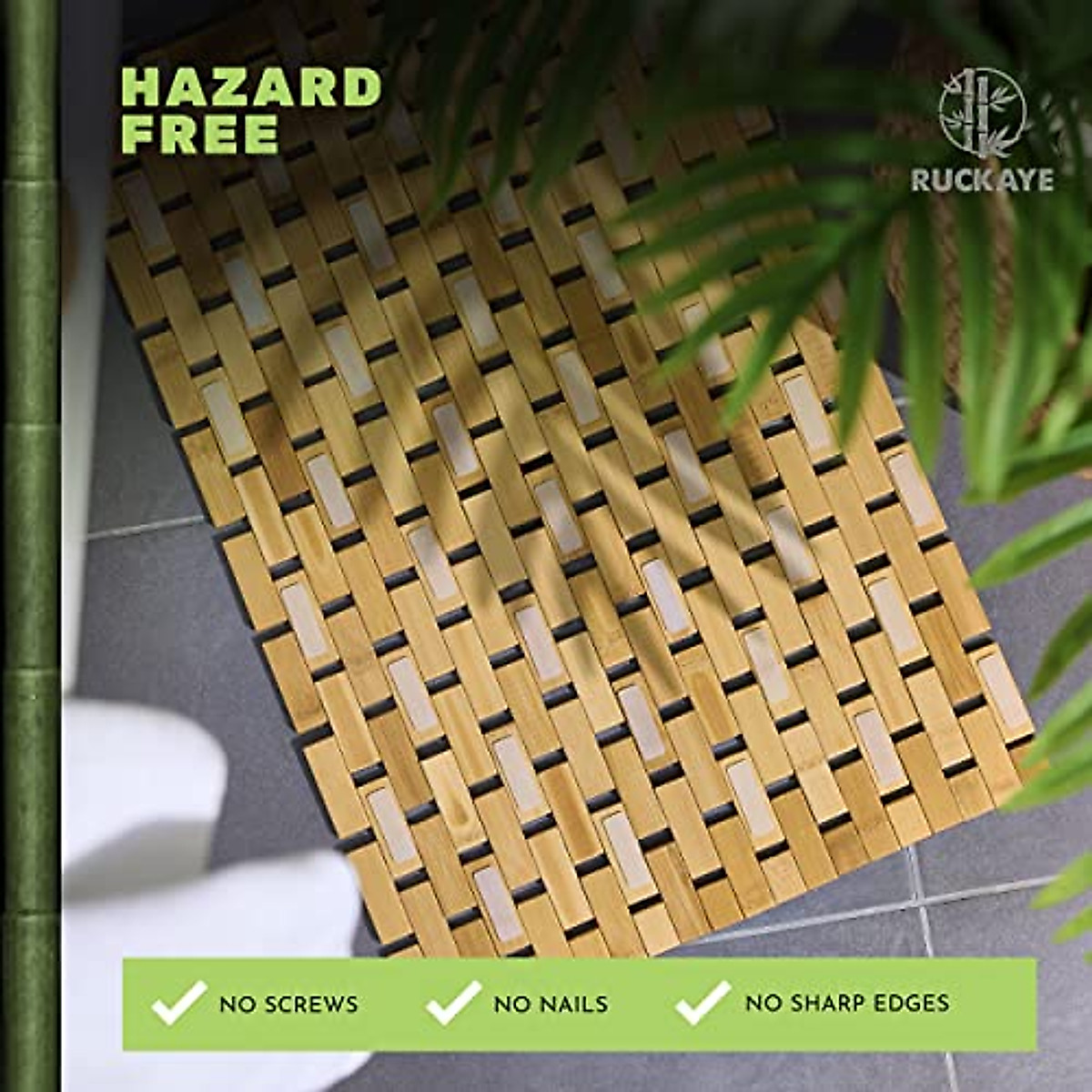 Ruckaye Bamboo Bath Shower Mat 24x16 Inches with Silicone Grip Pads – Foldable, Waterproof, Slip Resistant for Bathroom, Sauna, Spa, Kitchen & Outdoors– Environment Friendly