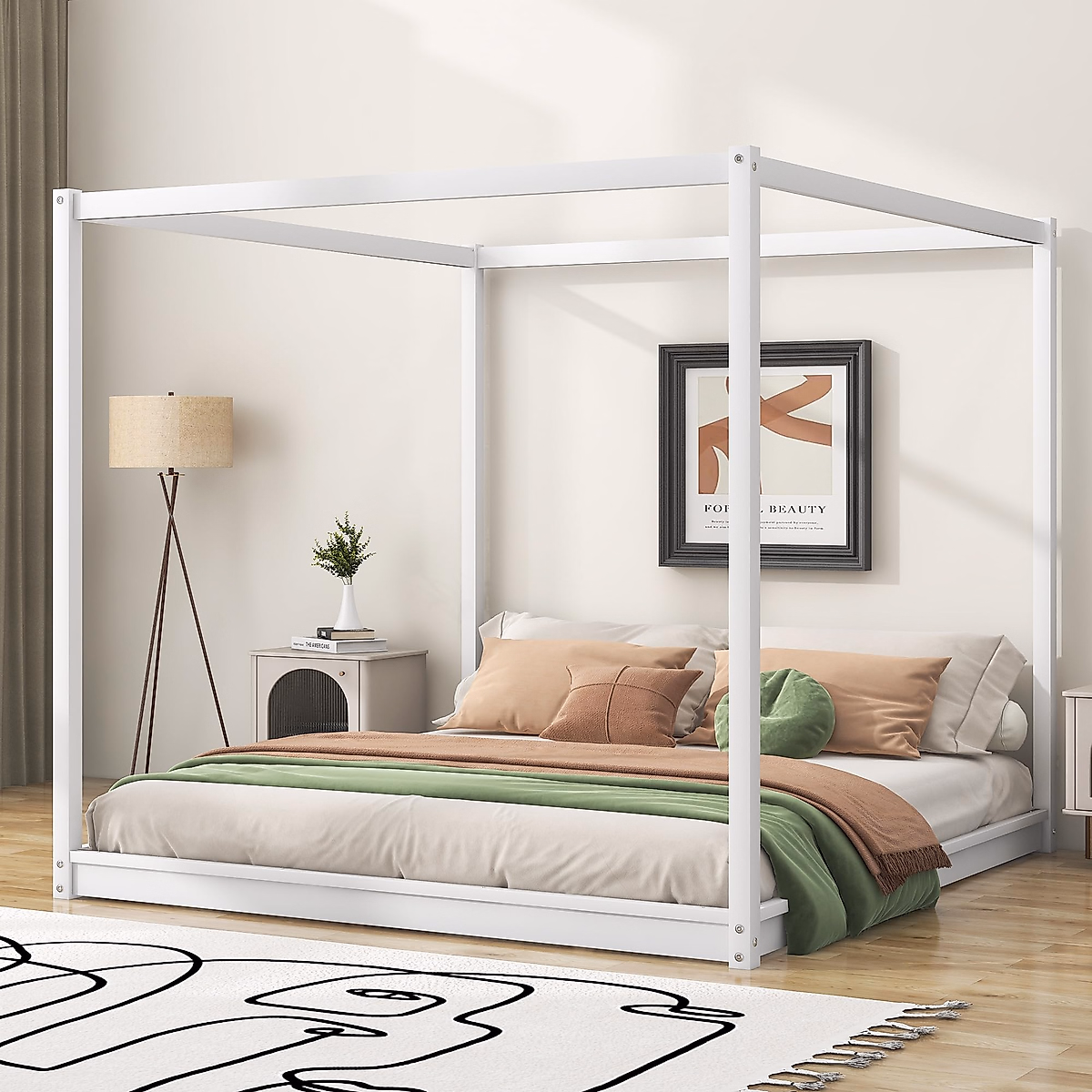 King Size Canopy Bed Frame, Wood Floor Bed with 4 Poster and Wooden Slats Support, No Box Spring Needed, White