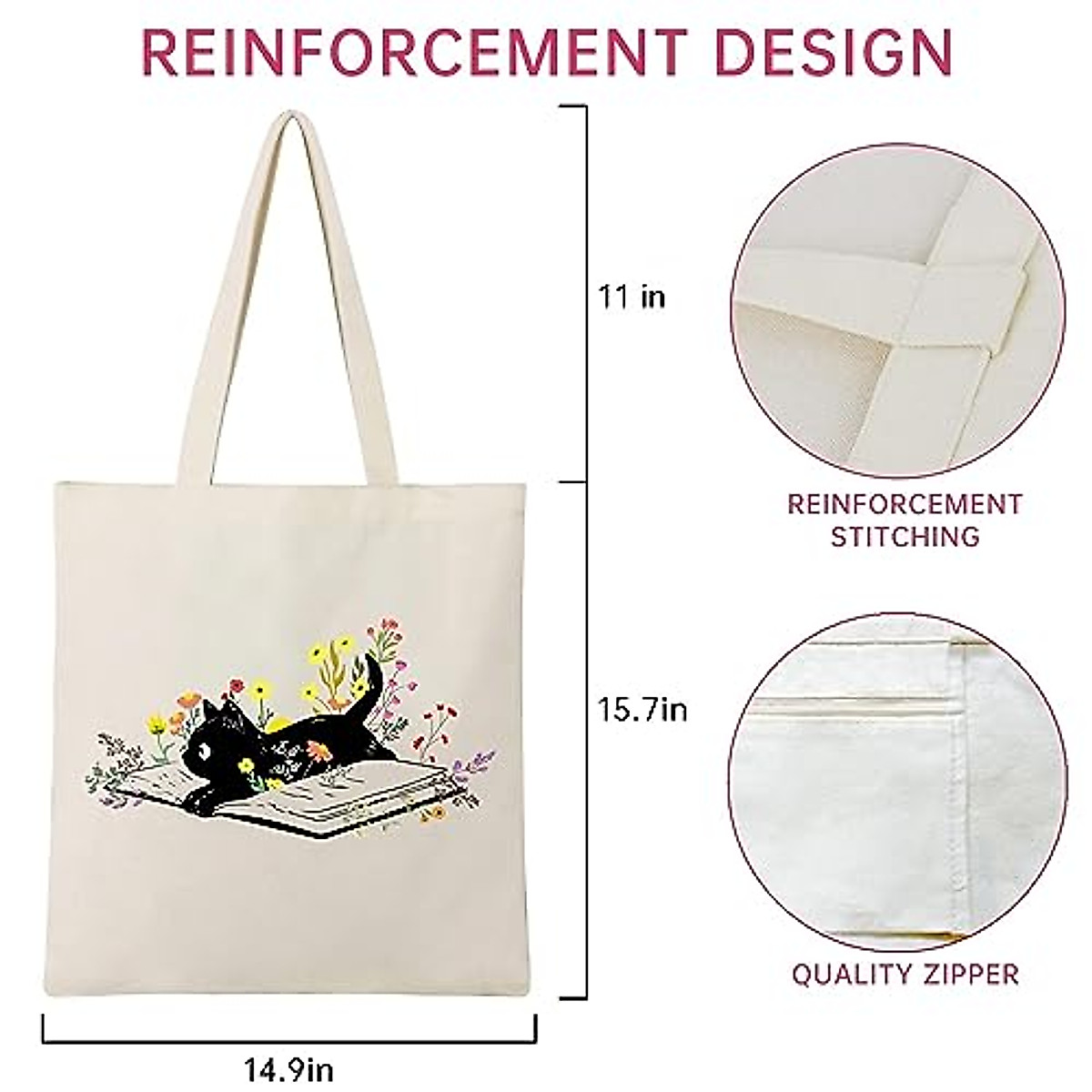 Andeiltech Tote Bag for Women Aesthetic Cute Canvas Tote Bag with Zipper Pocket Cat Book Flower Graphic Grocery Reusable Bags for Beach shopping bag