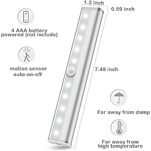 Motion Sensor Closet Lights, 10 Led Battery Powered Lights Led Under Cabinet Lighting Wireless Under Counter Light, Stick On Lights Motion Night Light Bar for Stairs Hallway Kitchen, White 6 Pack