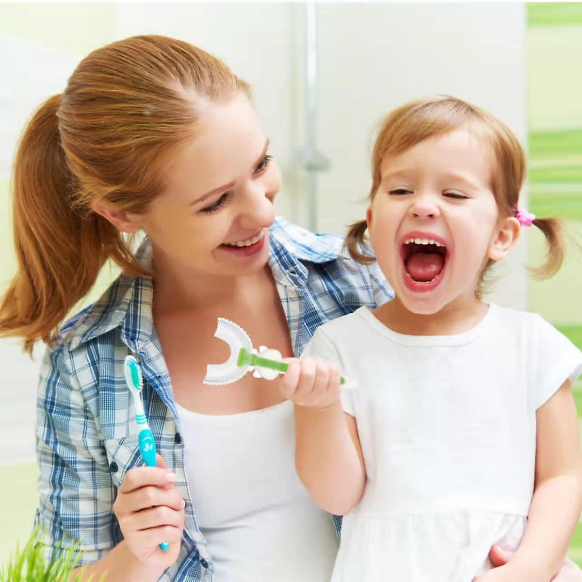 U Shaped Toothbrush Kids 2 Pack, Toddler Toothbrush Age 2-6, Manual Whole Mouth Toothbrush With Cute Pig Handle for Kids Children, 360 Soft U Shaped Toothbrush for Toddlers Oral Cleaning, (Bluex2)