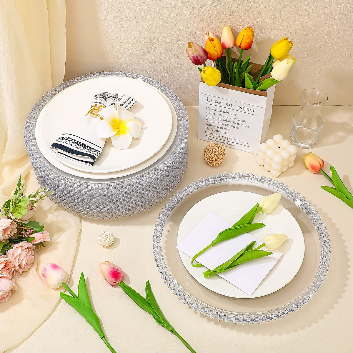 18 PCS Clear Charger Plates with Beaded Rim 13 Inch Plastic Acrylic Round Dinner Plate Chargers Decorative Plates for Home Kitchen Party Wedding Tabletop Decor (Clear)