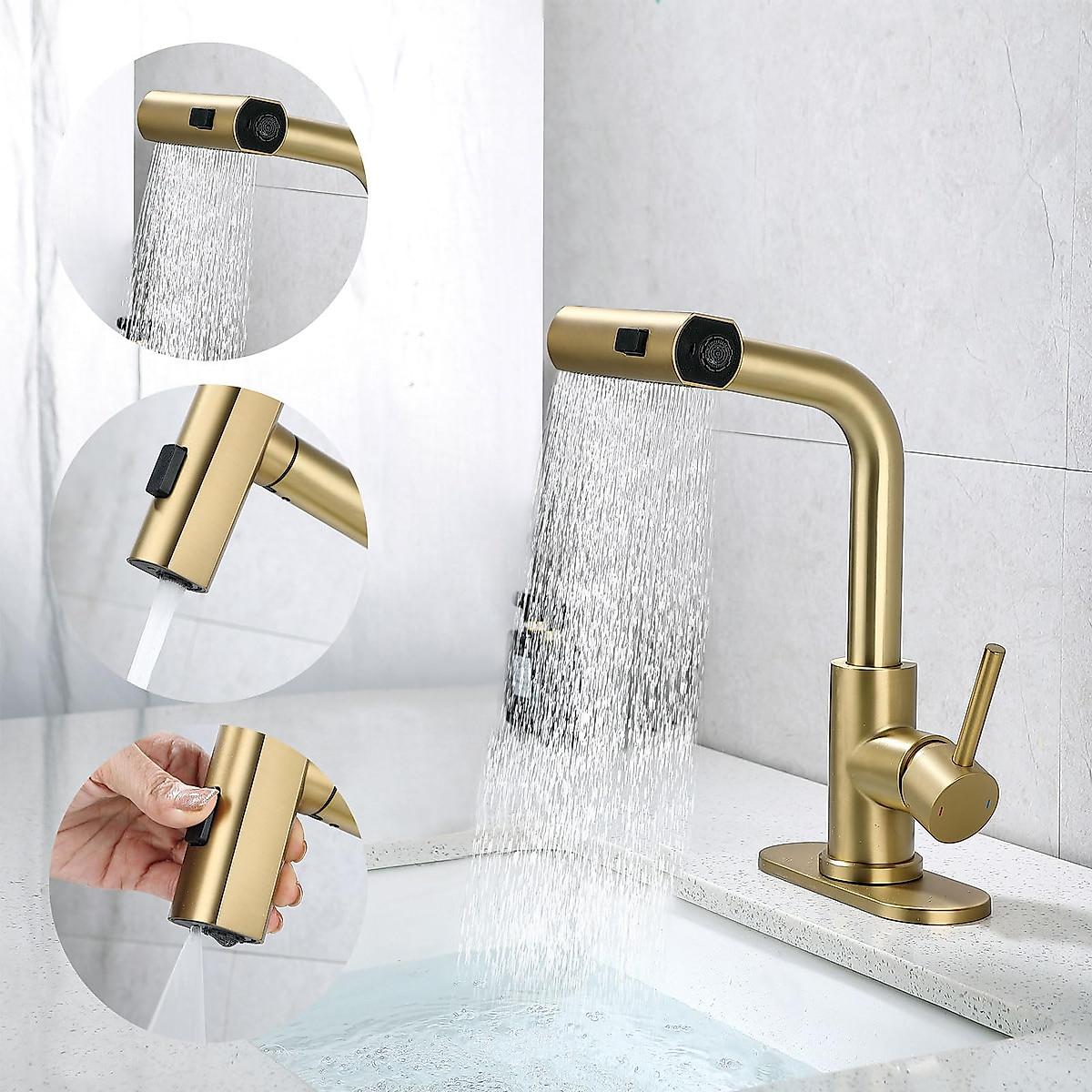 TRIPHIL Waterfall Bathroom Faucets with 3 Mode Pull Down Sprayer,Single Handle Modern Bath Sink Faucet with Pop Up Drain and Deck Plate,Brusehd Gold 1 Hole RV, Bar,Restroom,Lavatory,Vanity Tap