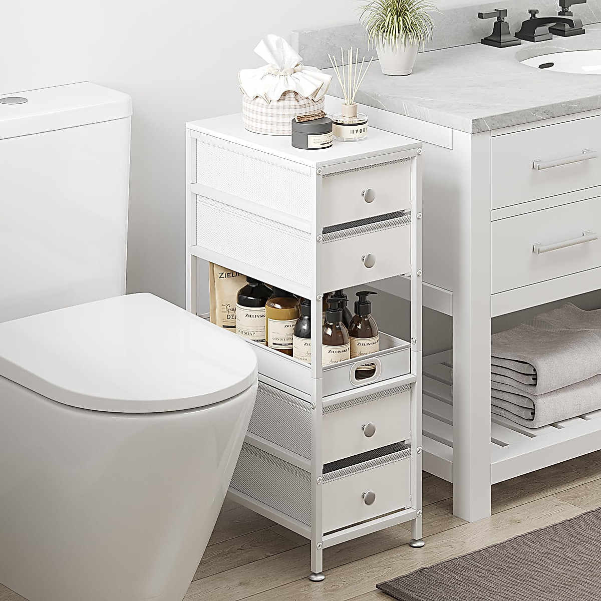 AMBIRD 4-Drawer Dresser,Fabric Dresser Storage with Drawers, Fabric Dresser Tower, Vertical Storage Drawer Units for Bedroom, Hallway, Closet, Office, Move Free with Wheels (White)