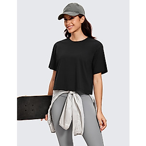 CRZ YOGA Womens Loose Fit Cotton Polyester Short Sleeve Shirts Crop Tops Casual Workout T-Shirts Black Medium