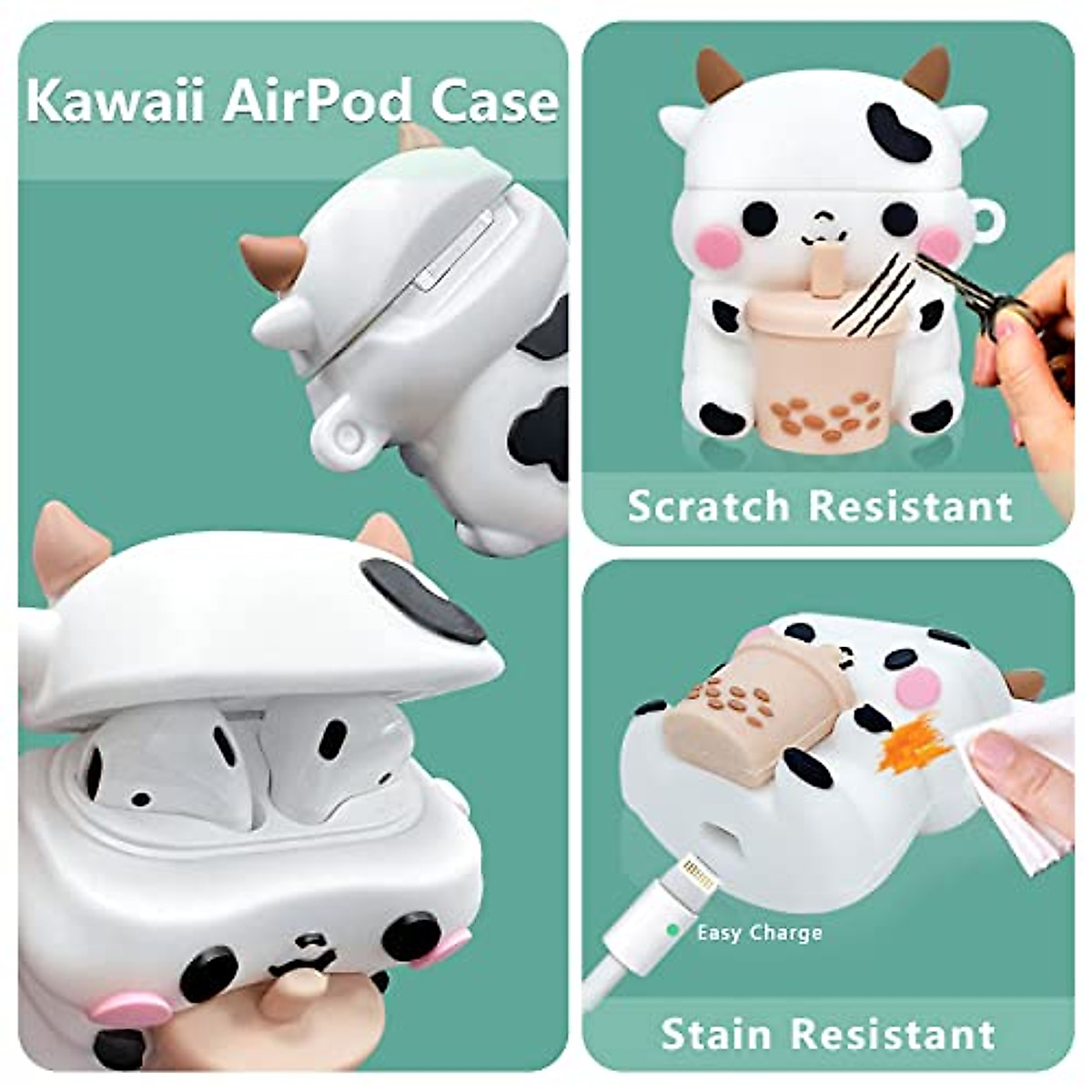 3 Pack Cute Airpod Case for Airpod 2&1,3D Kawaii Cartoon Funny Boba Tea Cow & Glows Ghost Soft Silicone Protective Cover Accessories Skin for Airpods 1&2 Gen Charging Case for Girls Boys Kids Teens
