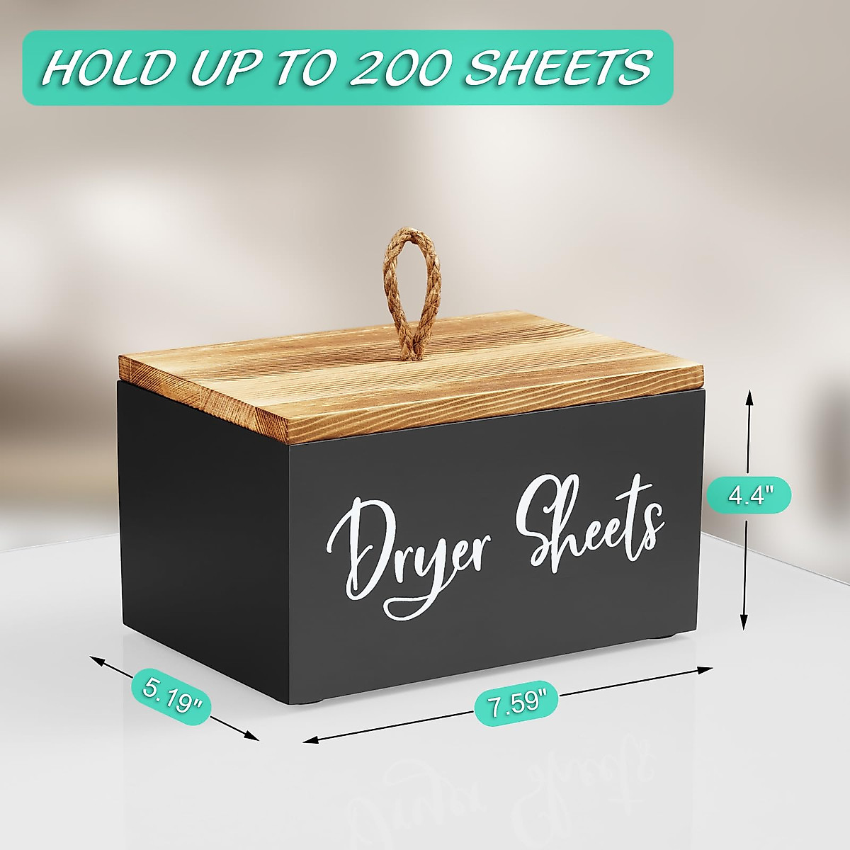 Dryer Sheet Holder, Wooden Laundry Sheets Container, Laundry Room Organization and Storage for Farmhouse Laundry Room Decor and Accessories, Fabric Softener Dispenser, Black