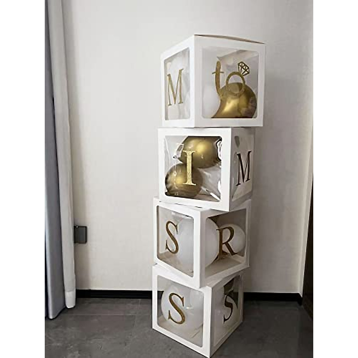 Fonder Mols 4PCS White Transparent Balloon Boxes with Gold Glittered MISS TO MRS Letters for Wedding Party Bridal Shower Engagement Decorations (No Balloons)