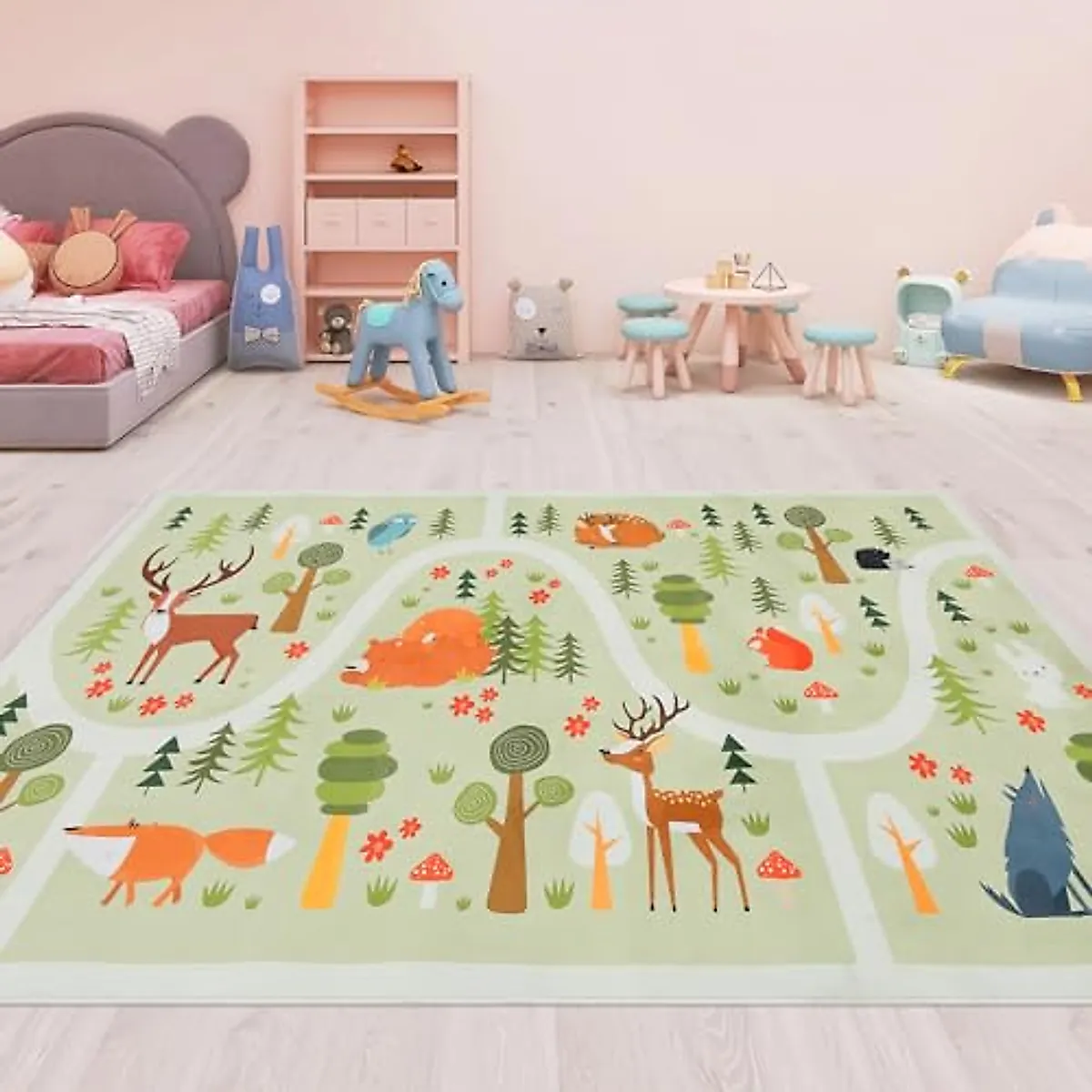 Kids Area Rug Jungle Animal Road Play Mat, with Bears Deer Fox Trees Educational Learning Game Non Slip Carpet, for Bedrooms Playroom Living Room Classroom, 3x5