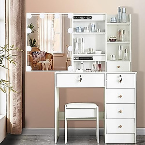 Makeup Vanity Set with Mirror & Lights, 5 Storage Drawer & Stool, 3 Lighting Modes Adjustable Brightness, Bedroom Dressing Table for Women Girls, White (Modern Vanity W-4)