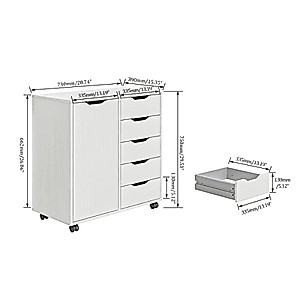 Panana 5-Drawer Chest with 1 Door, Wooden Chest of Drawers Storage Dresser Cabinet with Wheels, Office Organization and Storage, Bedroom Furniture