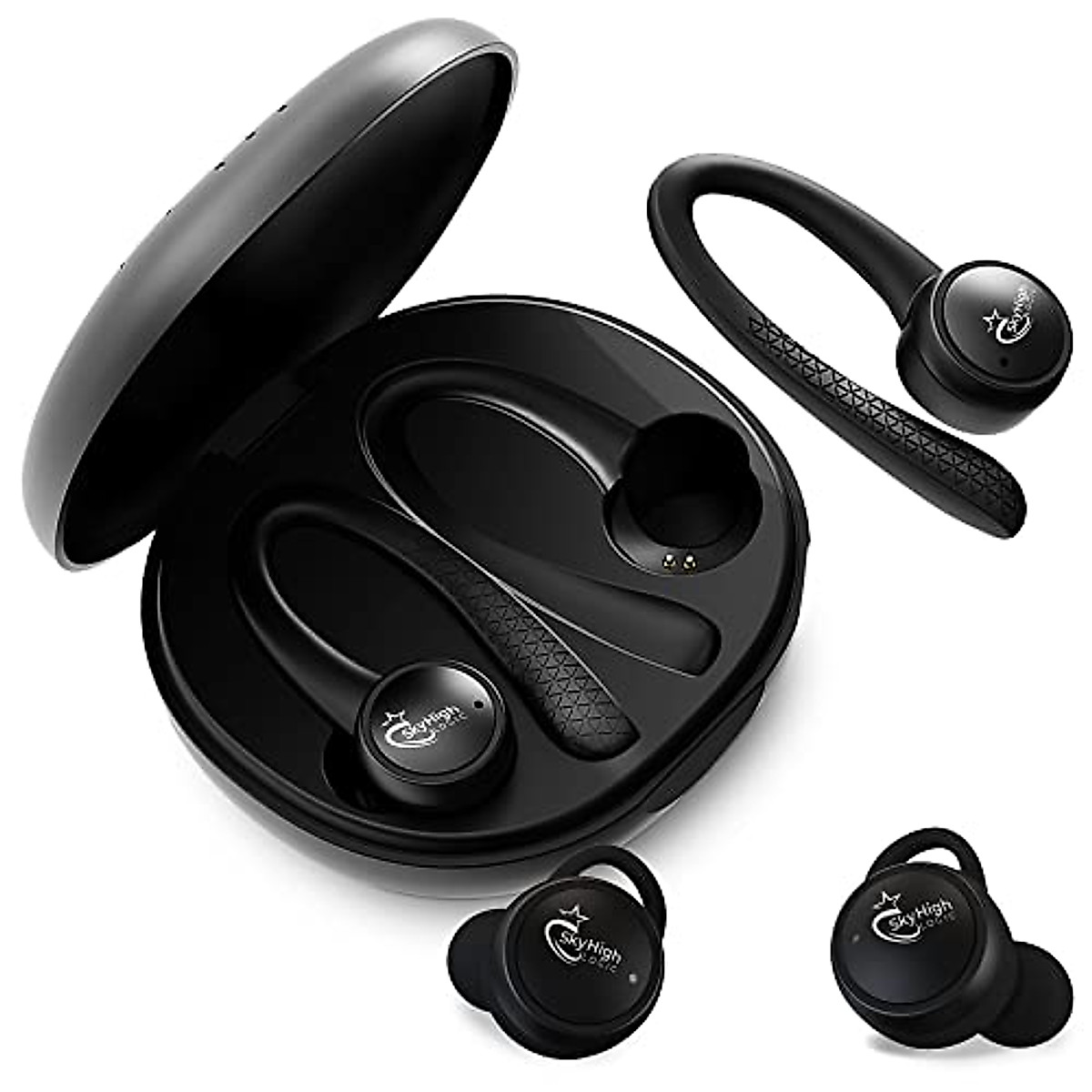 Sky High Logic True Wireless Earbuds with Charging Case - Bluetooth 5.0 Headphones with Ear Hook - Environment Noise Canceling, Waterproof for Fitness, Calls Sky7 Black