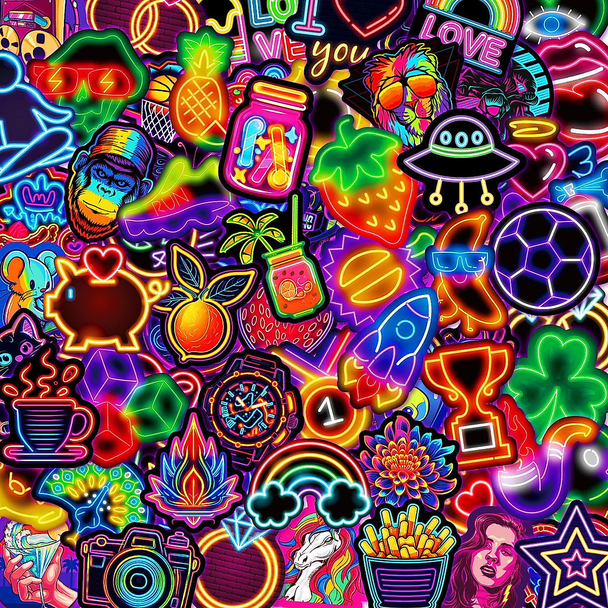 300 PCS Neon Stickers Pack,Cool Stickers for Teens Adults Kids,Waterproof Trendy Stickers for Skateboard Water Bottle Laptop Scrapbook Luggage