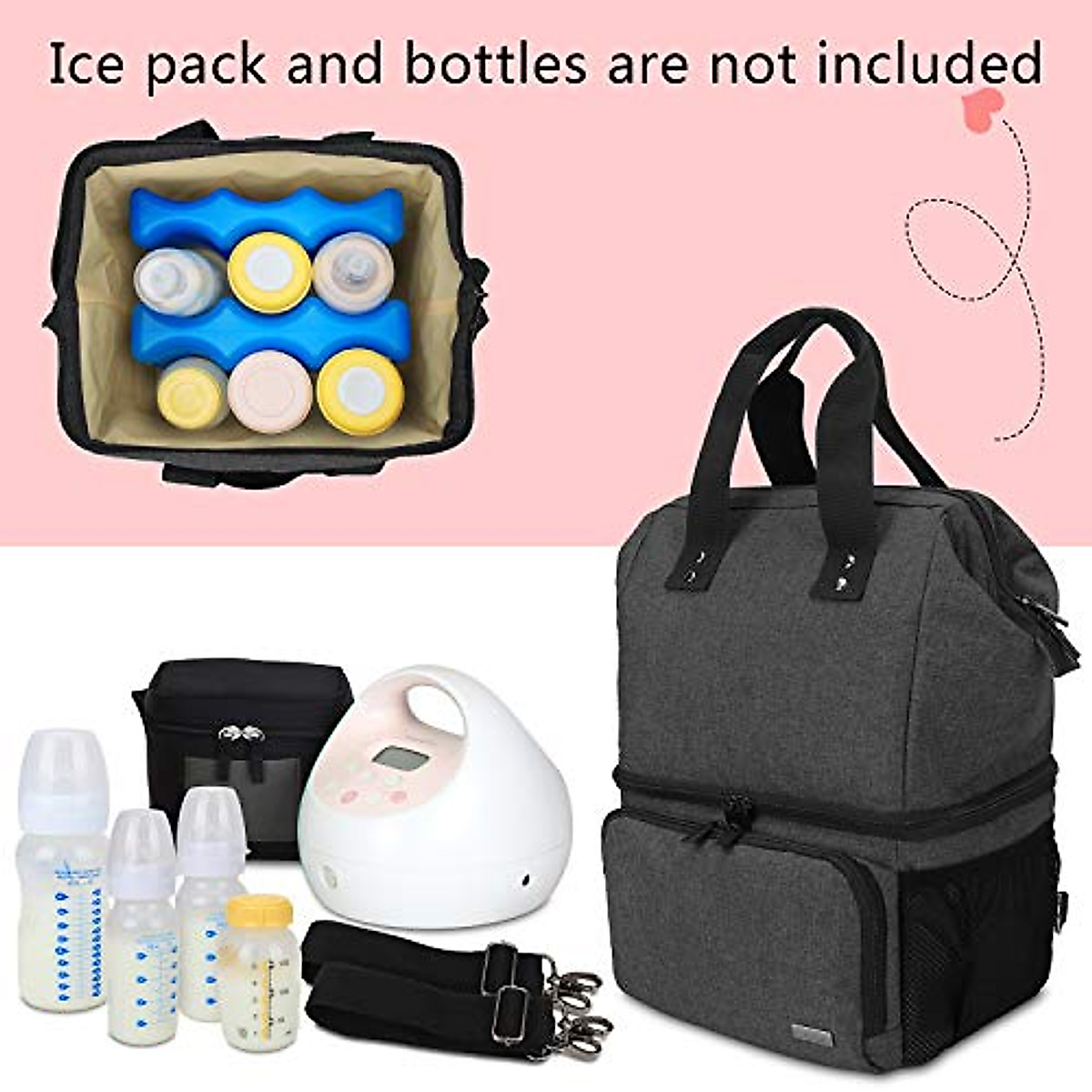 Luxja Breast Pump Bag with 2 Compartments for Breast Pump and Cooler Bag, Breast Pumping Bag with 2 Options for Wearing (Fits Most Major Breast Pump), Black