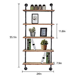 Industrial Pipe Shelving, 24inch Pipe Shelves with Wood Planks, 5 Tier Floating Shelves Wall Mounted Steampunk Real Wood Book Shelves, Retro Rustic Industrial Shelf for Bar Kitchen Living Room
