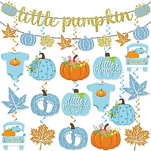 Little Pumpkin Baby Shower Deorations, Fall Leaves Blue Little Pumpkin Banner and Pumpkins Hanging Swirls, Fall Theme Boy Baby Shower Little Pumpkin Birthday Party Decorations