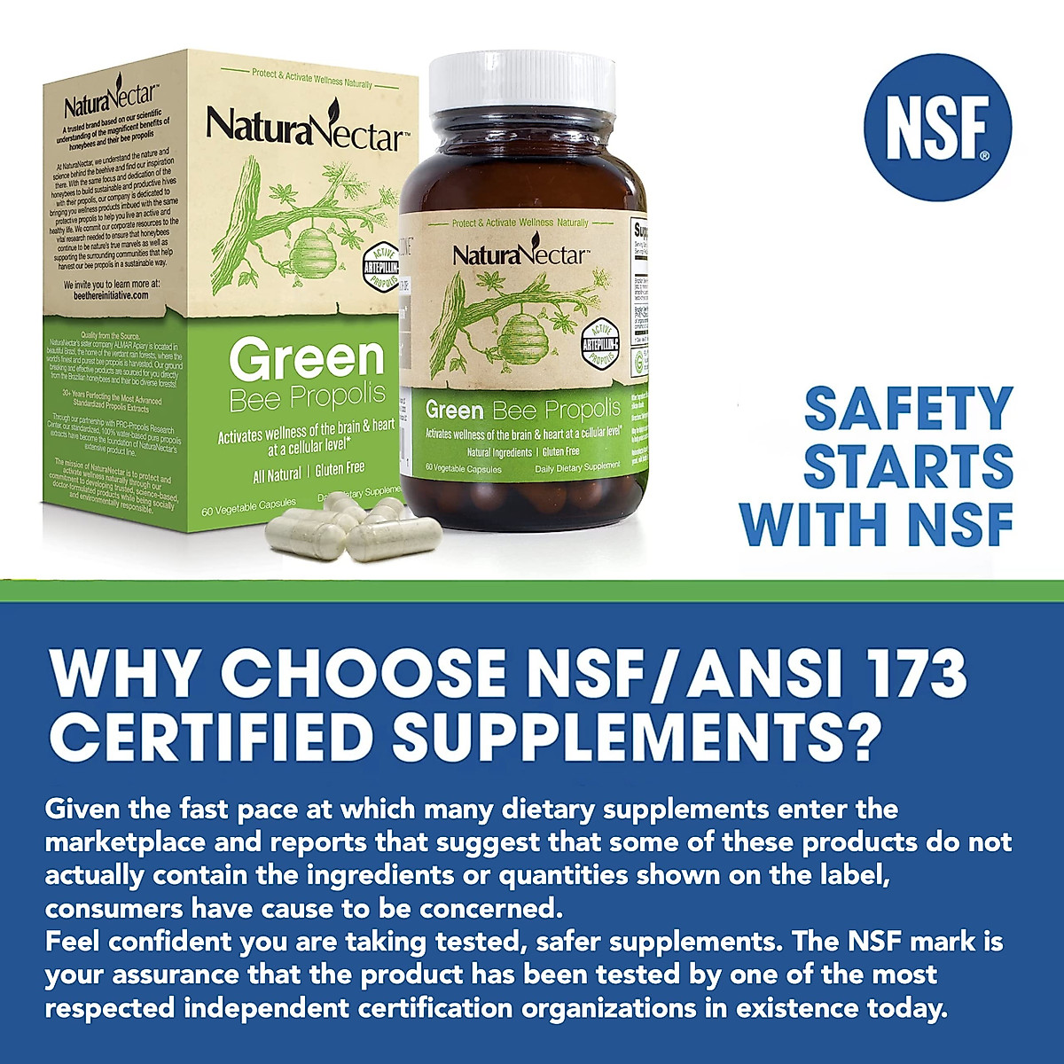NaturaNectar Green Bee Propolis | NSF Contents Certified | Premium Brazilian Propolis | Care Relief | Ethical Beekeeping & Naturally Sourced | 60 capsules