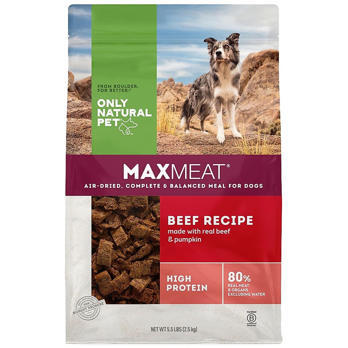 Only Natural Pet MaxMeat Holistic Air Dried Dry Dog Food - All Natural, High Protein, Grain Free and Limited Ingredient - Made with Real Meat - Beef with Pumpkin & Parsley 5.5 lb