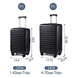 TydeCkare 2-Piece 20/24 Inch Luggage Set without Front Pocket, ABS+PC Lightweight Hardshell Suitcase with TSA Lock & Spinner Silent Wheels, Black