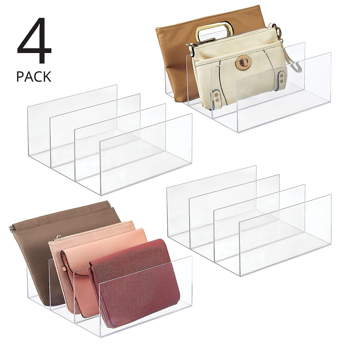 mDesign Plastic Purse/Handbag Organizer - Closet Divided Storage for Bags, Clutches, Wallets, Wristlets - Space-Saving Bedroom and Cabinet Organization - Lumiere Collection - 4 Pack - Clear
