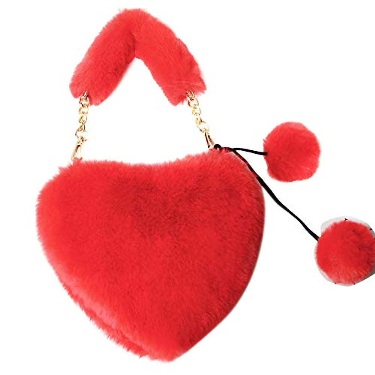 Valentine's Day Heart Shaped Purse Faux Fur Shoulder Bag, Heart Shaped Handbag Plush Clutch Purse with Metal Chain Strap