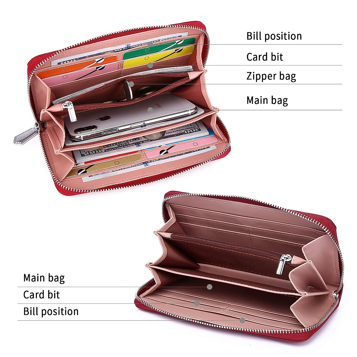 KOWENTIK Women Wallet Leather Zip Phone Clutch Large Travel Organizer Zipper Coin Purse Wristlet (Wallet tye1-Red)