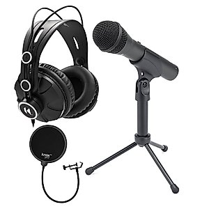 Samson Q2U Black Handheld Dynamic USB Microphone Bundle with Pop Filter and Closed Back Over-Ear Headphones (3 Items)