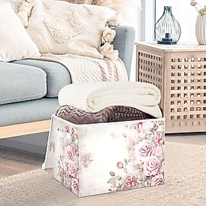 ALAZA Storage Bins Organizer Box Baskets Lidded Clothes for Shelves Closet Pink Rose Retro Collapsible Stackable Storage Cubes Handles