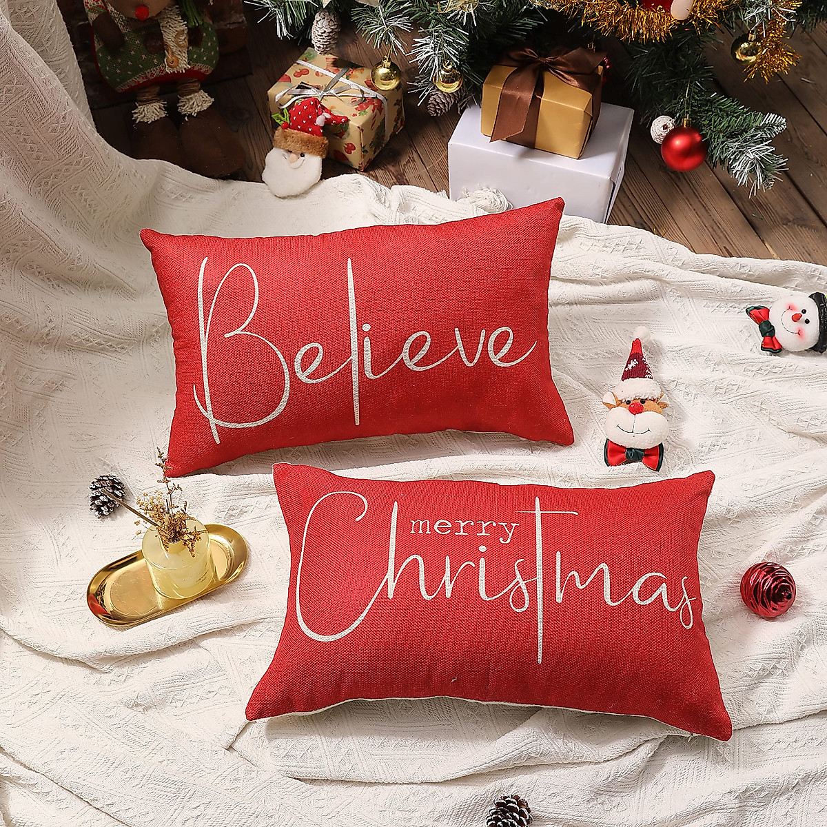 Christmas Throw Pillow Covers 12x20 Inch Set of 2 Merry Christmas Farmhouse Decorations Believe Holiday Decor Throw Cushion Case for Home Couch